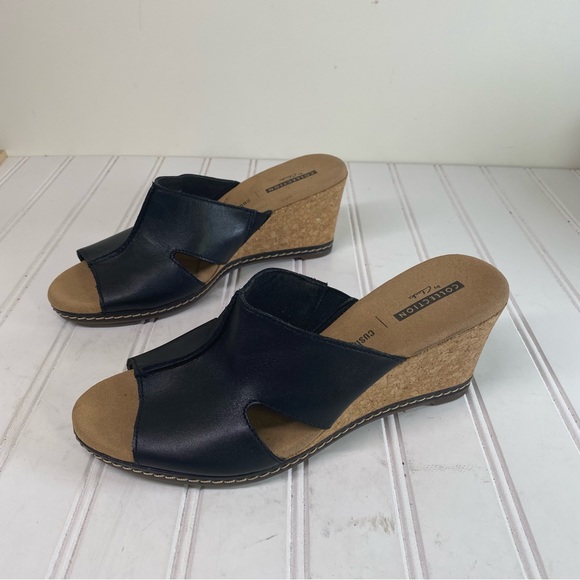 Clarks | Shoes | Clarks Collection Lafley Black Leather Cork Wedge ...